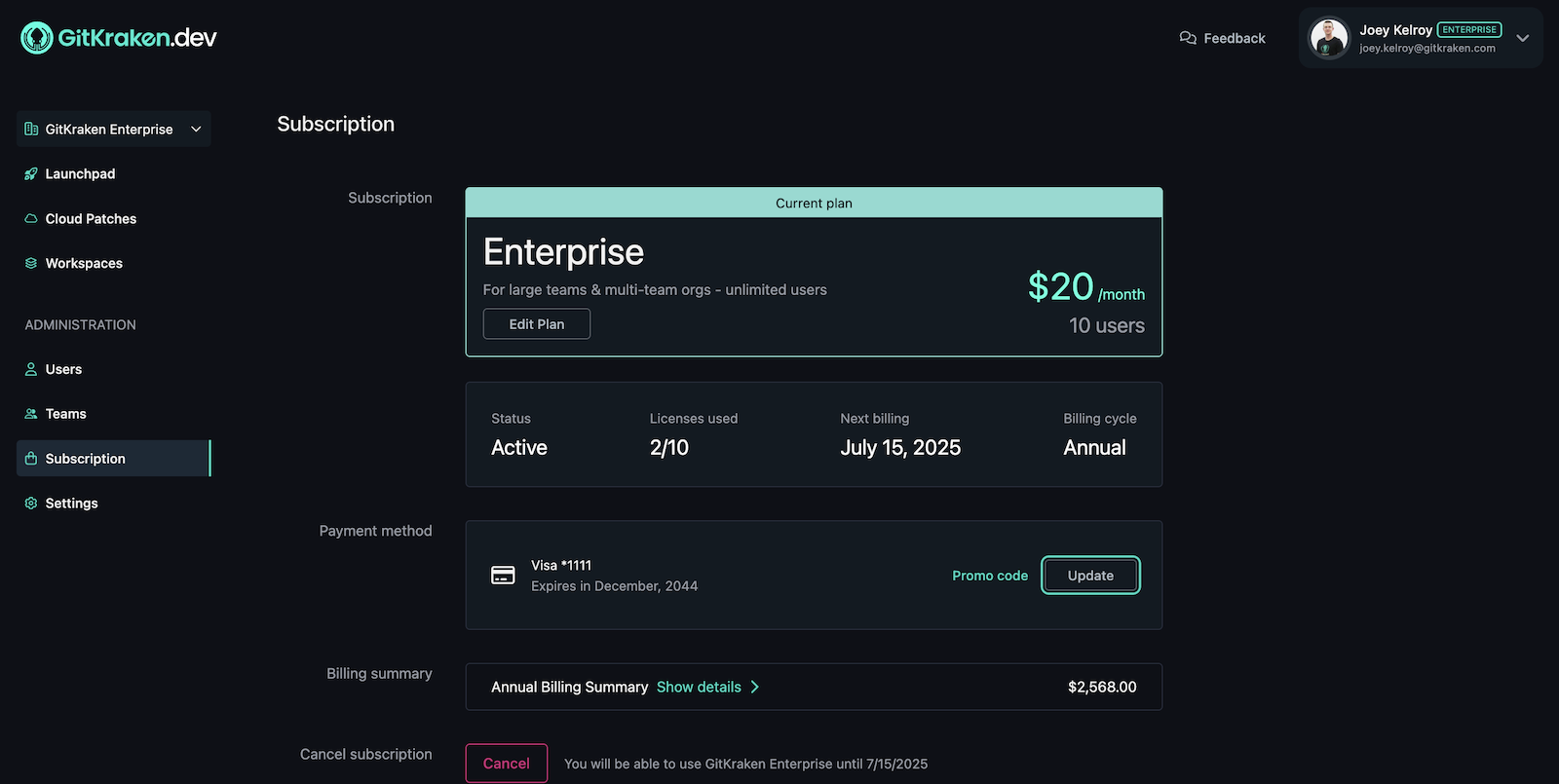 Manage GitKraken Subscription and Billing